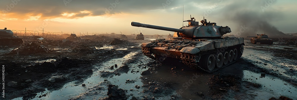 Armored tanks rolling across a desolate,war-torn landscape of ...