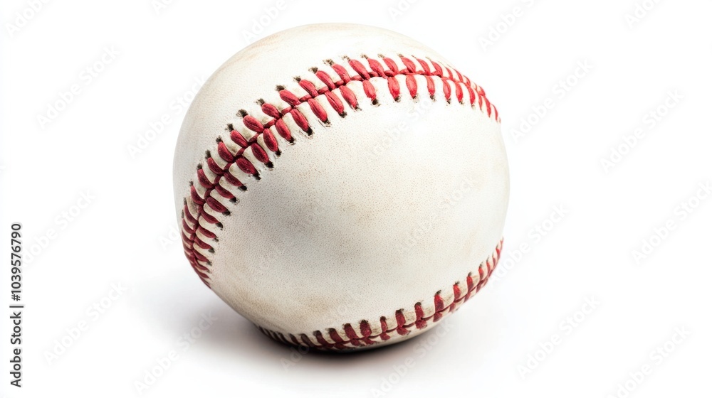 Perfectly round baseball with bright red stitches, sitting at an angle ...