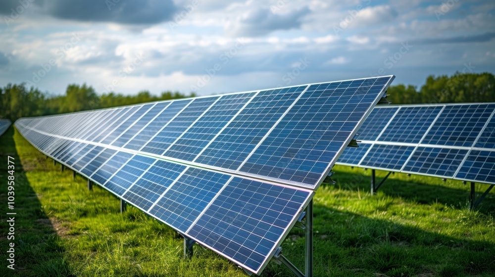 solar panels in field at photovoltaic power station, depicting green ...