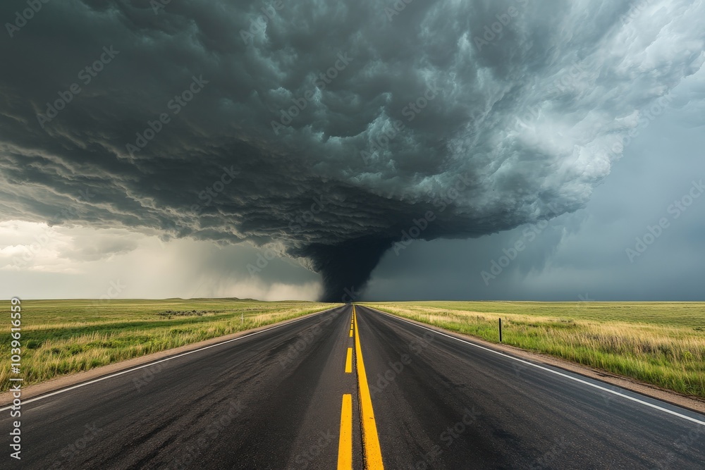 Underneath swirling storm clouds, a dark tornado barrels down an empty ...
