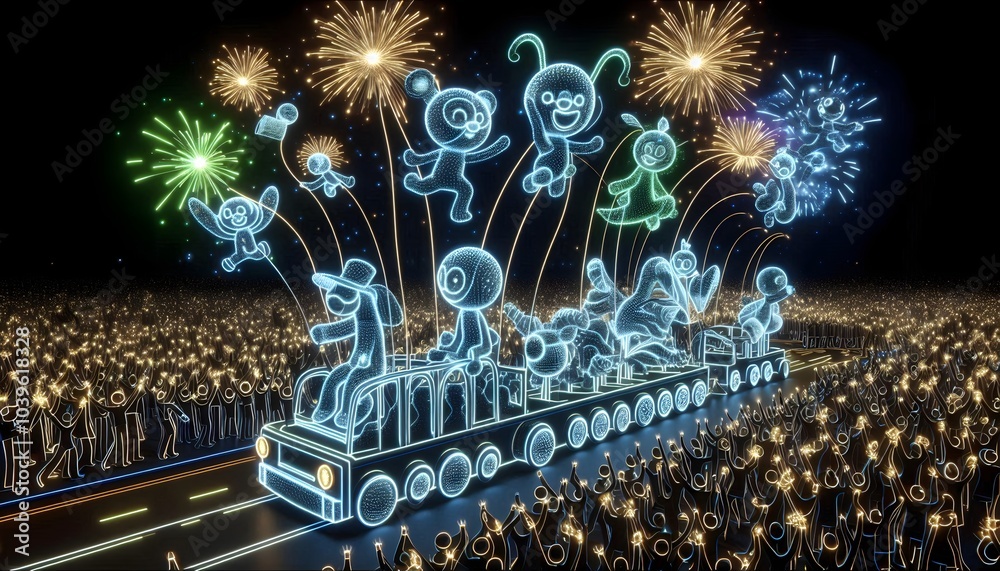 A grand parade of glowing 3d rendered wire cartoon characters, each ...
