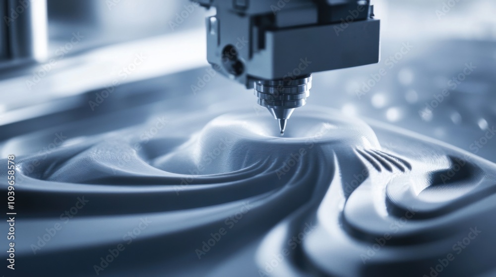 A close-up of a high-resolution 3D printer nozzle, in the midst of ...