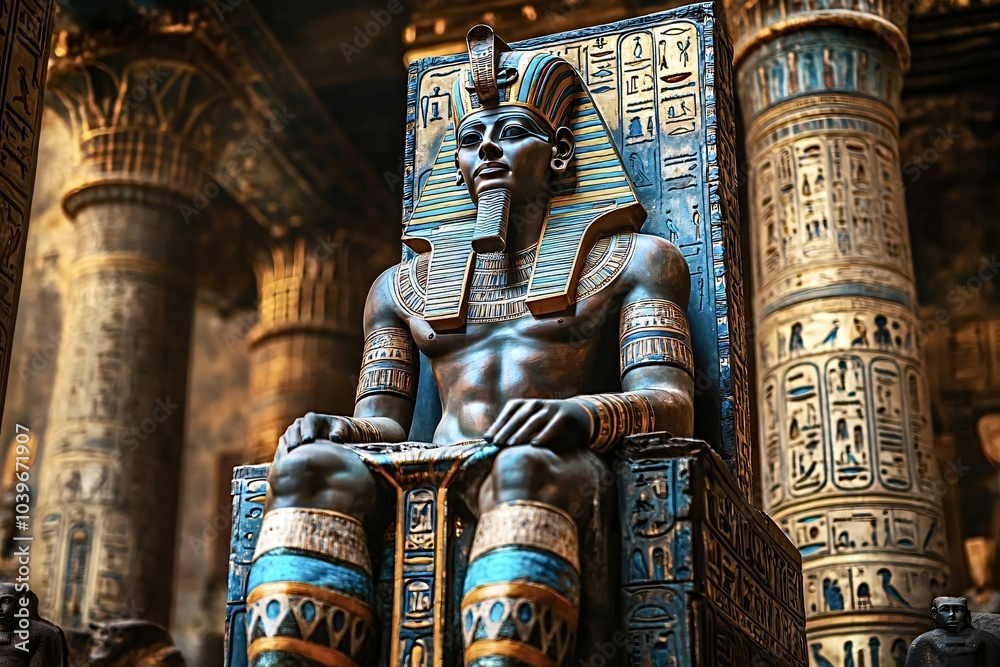 Majestic statue of an egyptian pharaoh is sitting on a throne inside a ...