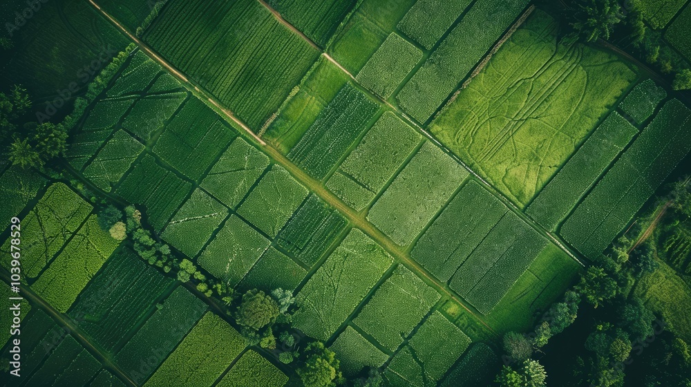 Aerial view of greem farm fields forming geometrical pattern ...