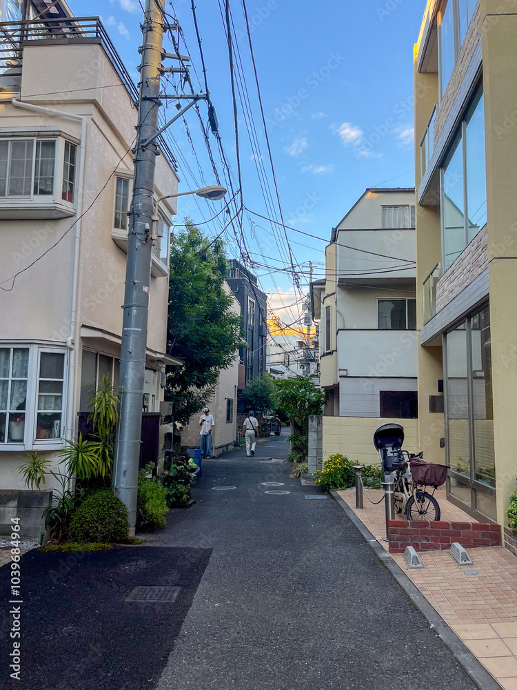 Quiet residential street in urban Japan showcases traditional ...