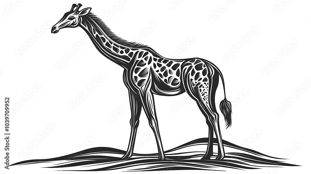 Delicate line art of a standing giraffe, its long neck curved elegantly ...
