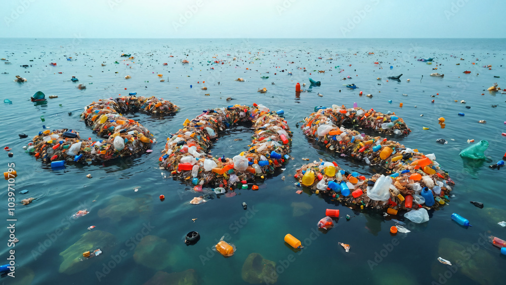 A striking visual of ocean pollution, where piles of plastic waste and ...