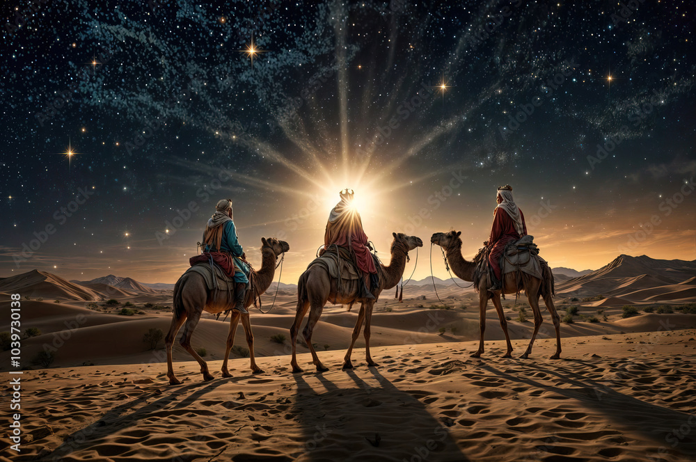 Christmas religious nativity concept. Three wise men on a camels on desert go to Shining bright ...