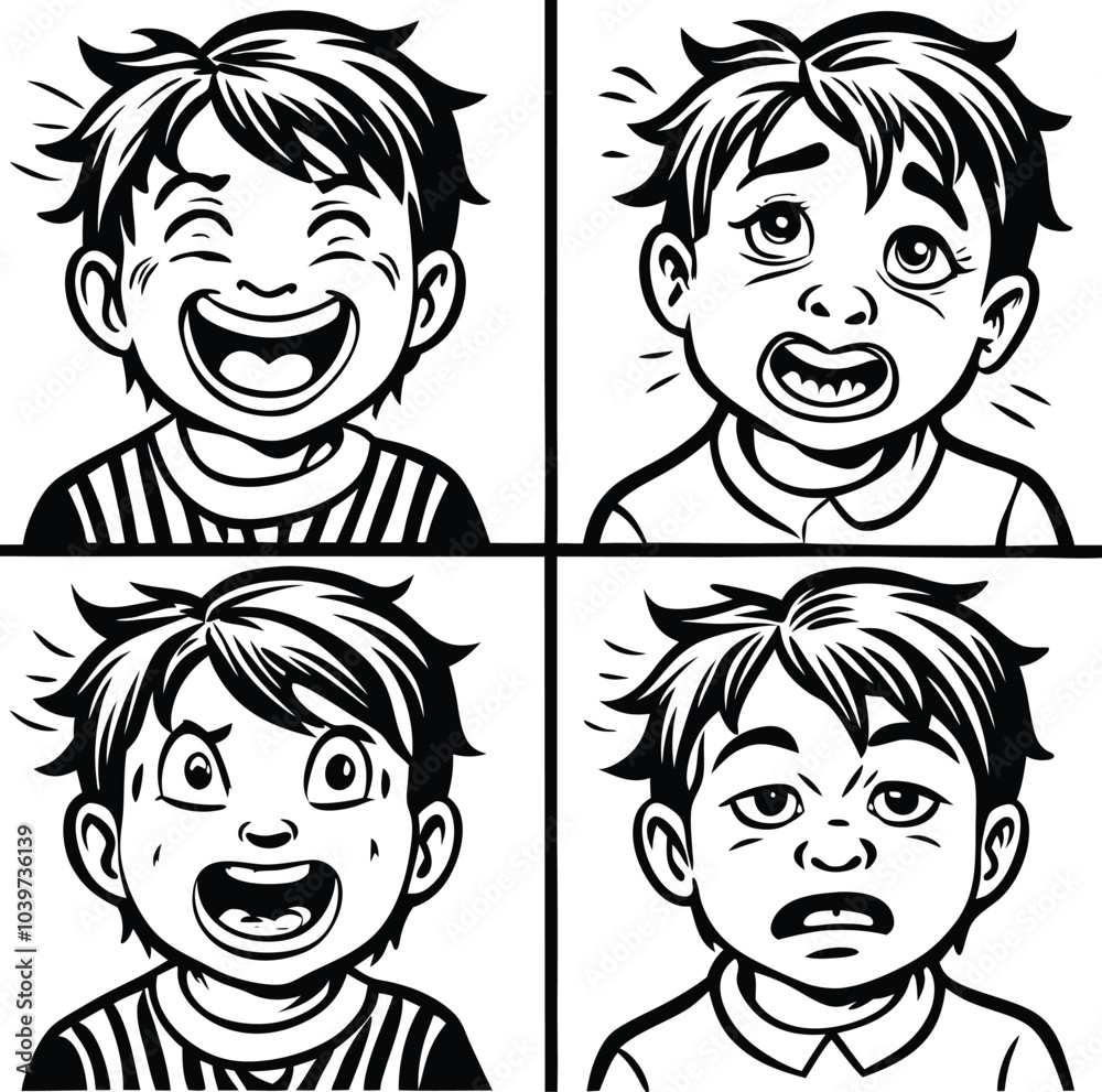 Happy sad angry and exciting panels comic caricature about a children ...