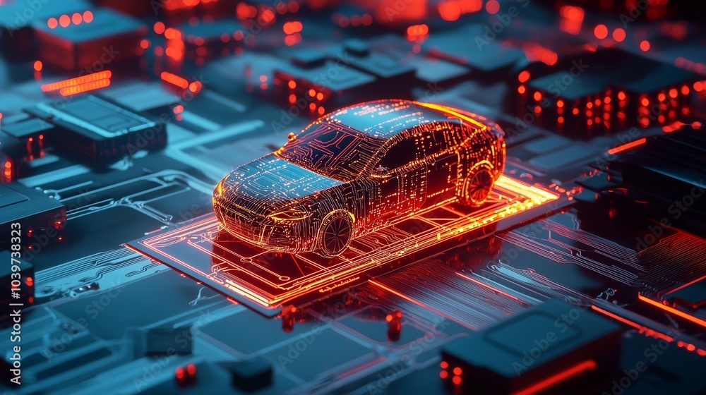 Futuristic car on circuit board symbolizes autonomous driving tech ...