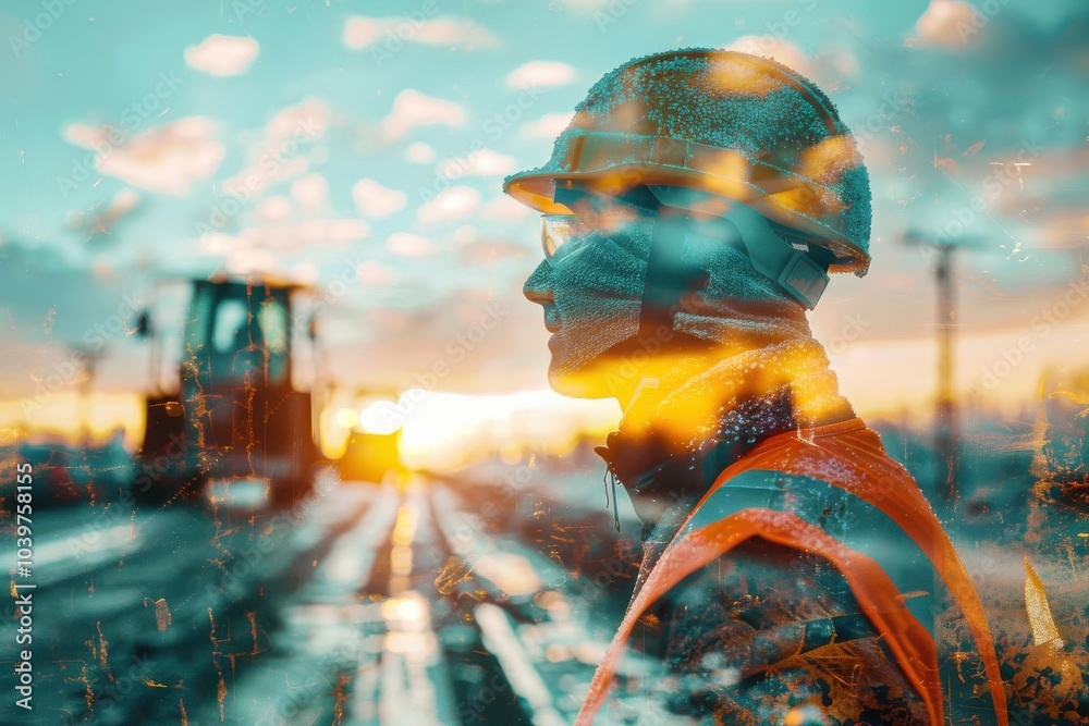 Double exposure of construction worker and machinery at sunrise ...