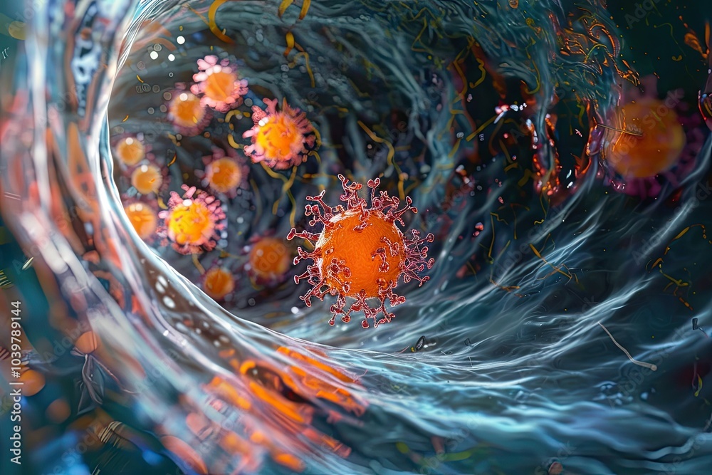 Ilustração Influenza virus particles seen in the blood with ...