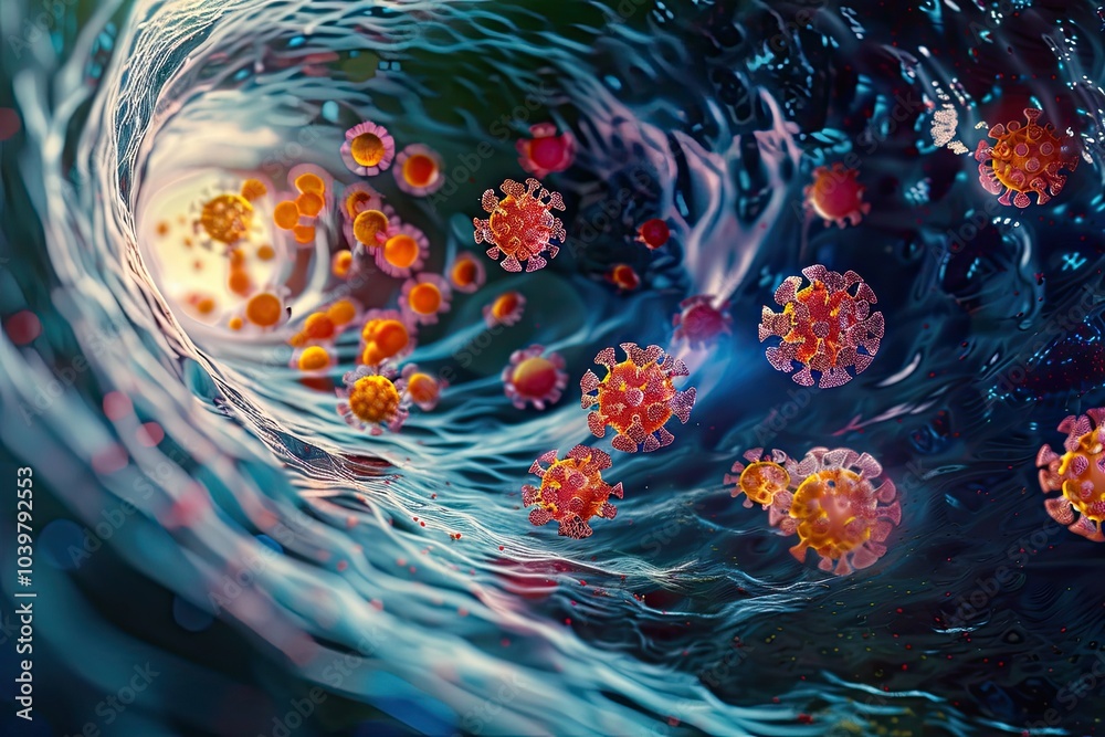 Influenza virus particles seen in the blood with erythrocytes and ...