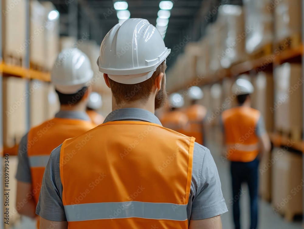 Workers in safety helmets and vests monitor a warehouse, showcasing ...