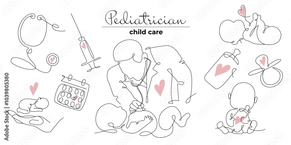 Vector set of pediatrician and pediatrics icons in one line style ...