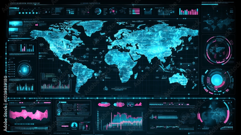 Futuristic Digital World Map Interface with Data Visualization and Charts Stock Illustration ...