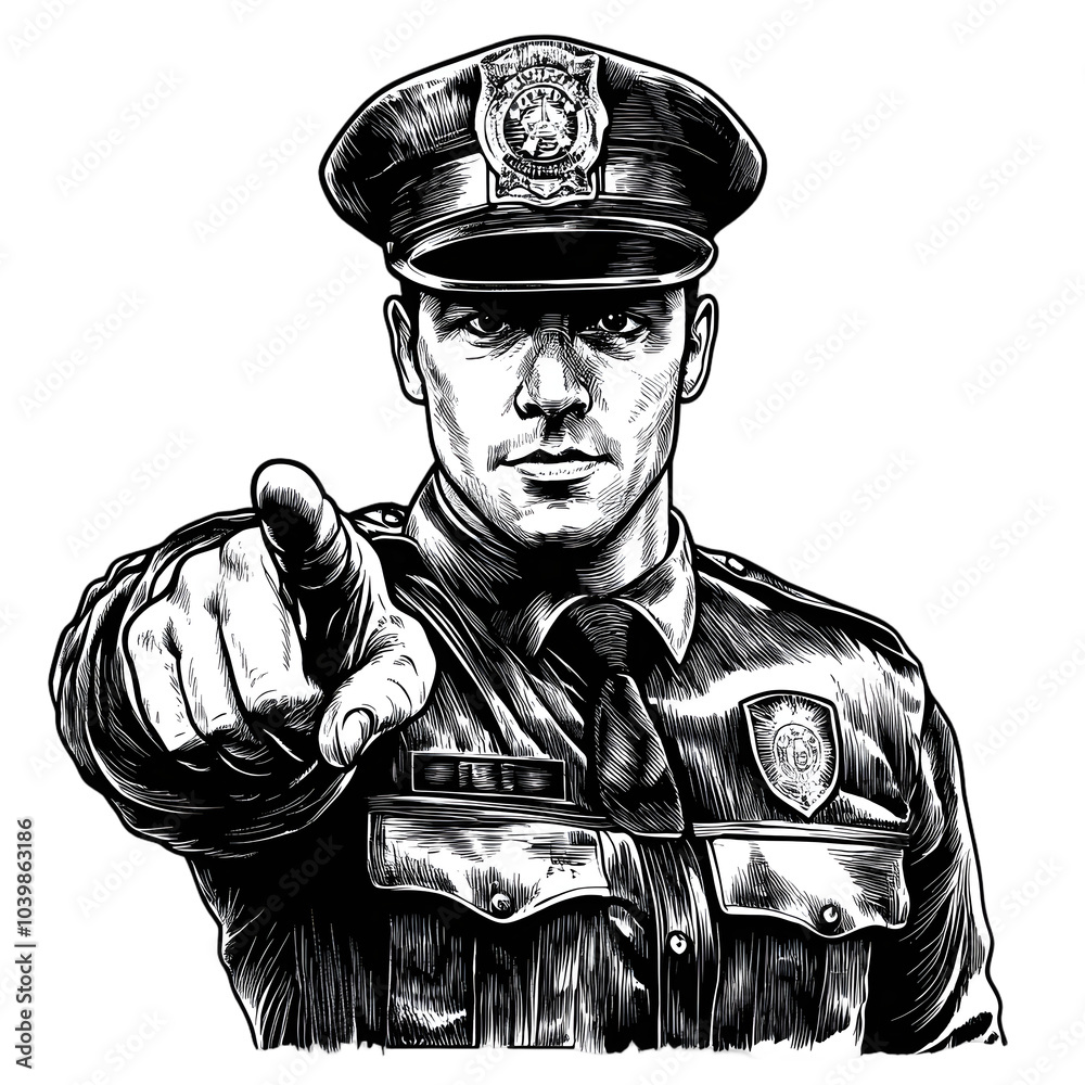 stern police officer pointing directly forward, symbolizing authority ...