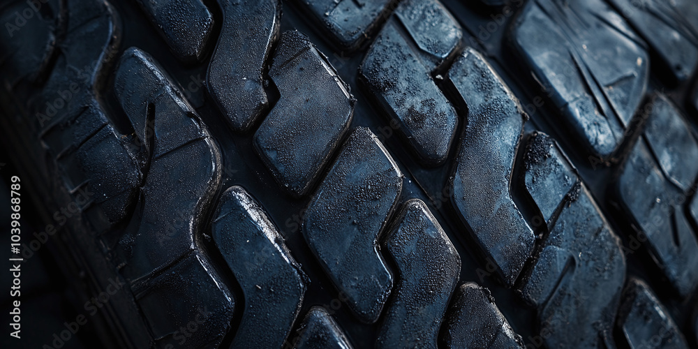 A close-up shot of a rugged tire tread pattern for automotive or ...