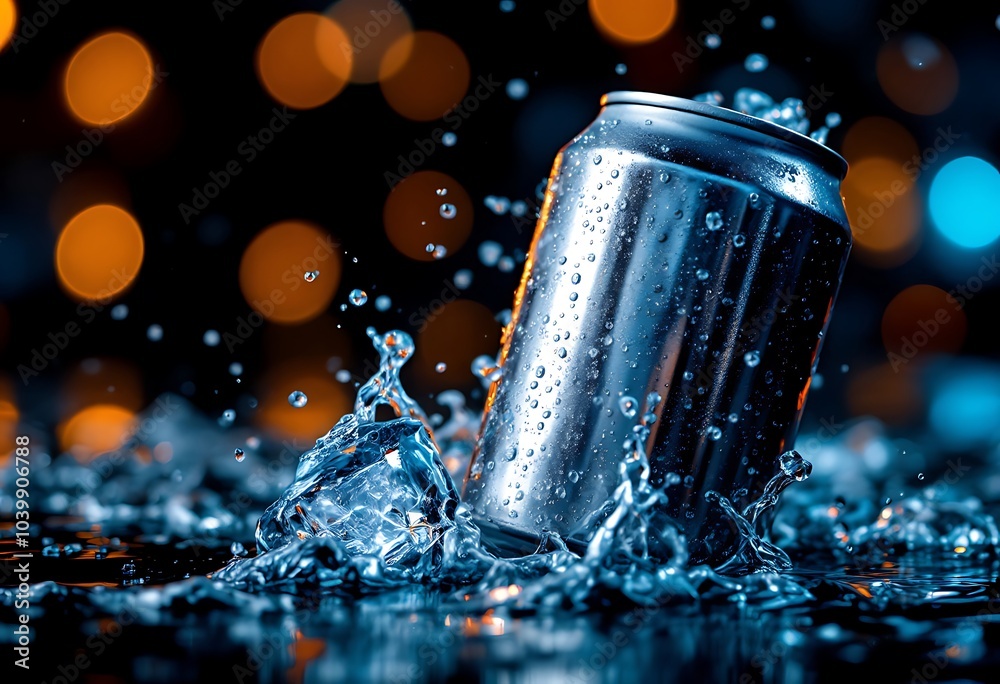 Refreshing cooling: ice-cold beverage can with sparkling water splash ...
