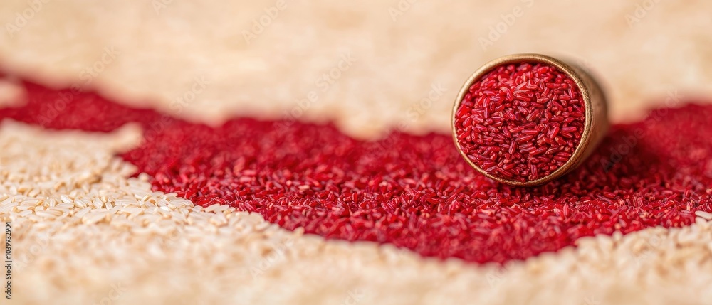Red spice spilling from a container on a textured surface, isolated on ...