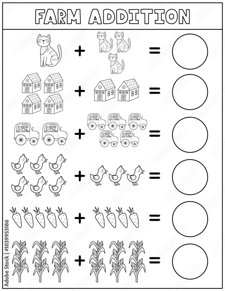 Farm addition black and white worksheet for kids. Math activity page in ...