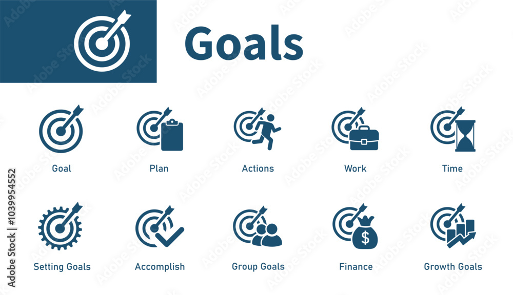 Development goal icon. Set of solid vector icons about planning goals ...