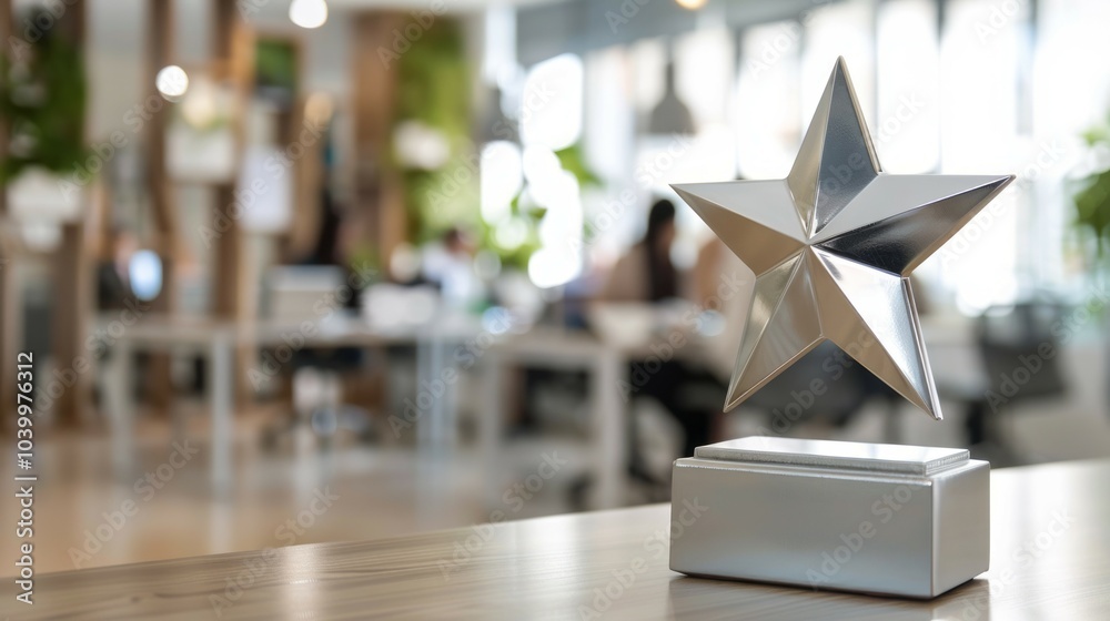 Silver star award trophy. Silver star award trophy on a table in a ...
