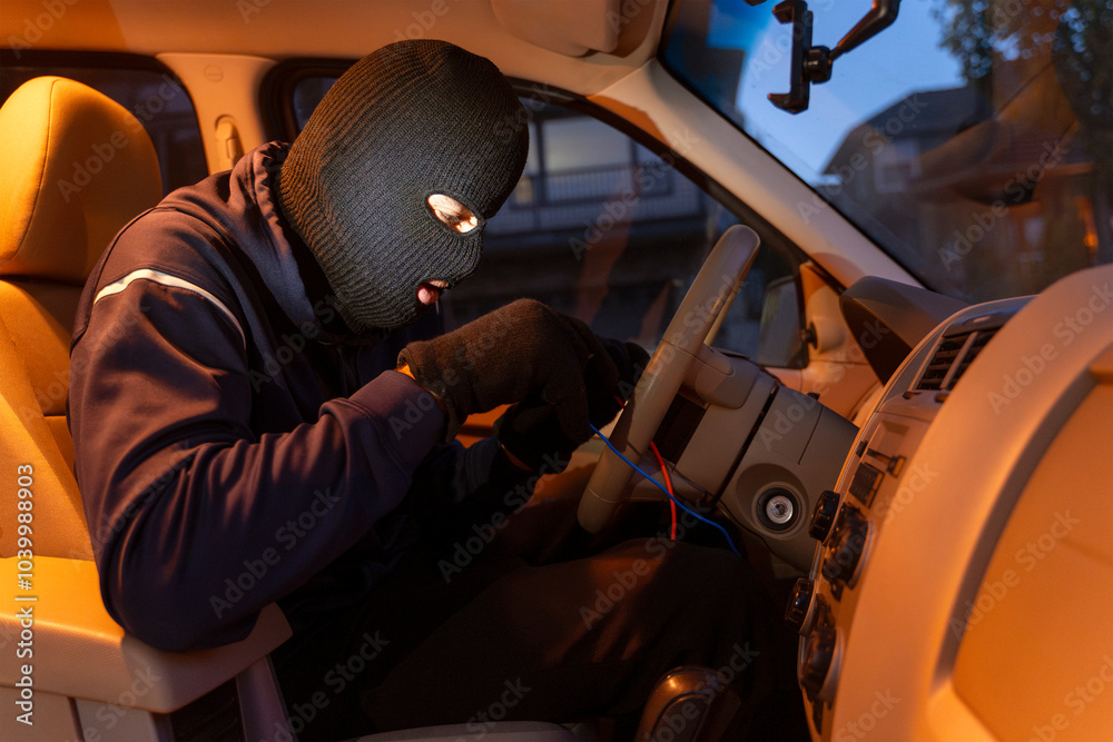 Masked thief hotwiring car ignition system in vehicle theft attempt ...