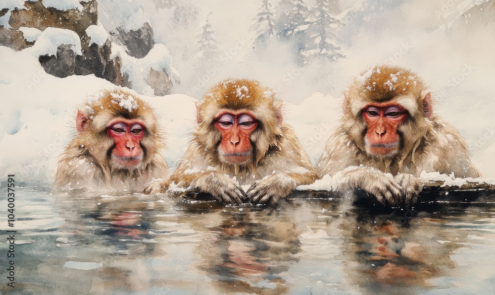 Watercolor Relaxing Snow Monkeys bathe in Hot Springs, Jigokudani ...