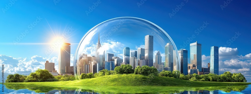 A futuristic city dome shielding inhabitants from outer pollution ...