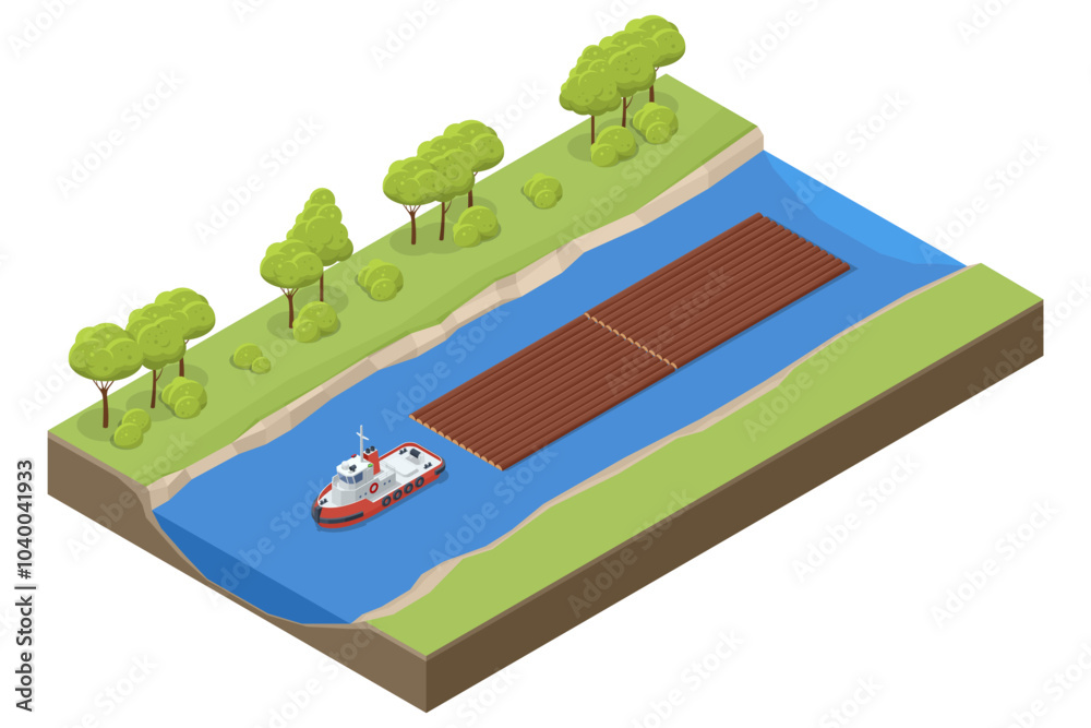 Isometric Rafting of timber logs on the river is a traditional method ...