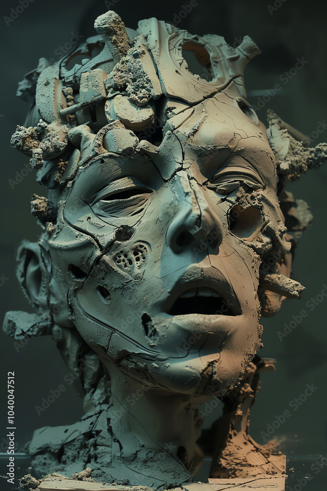 Produce a clay sculpture that fuses abstract art with dystopian imagery ...