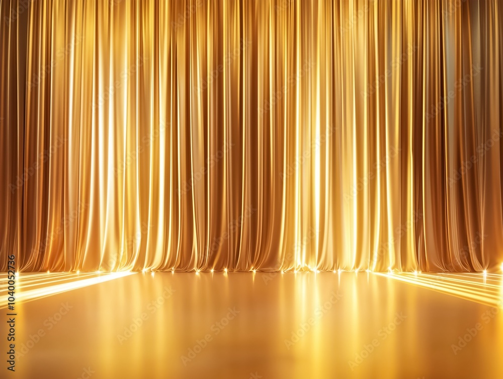 Gold stage with a velvet curtain backdrop and shimmering lights ...