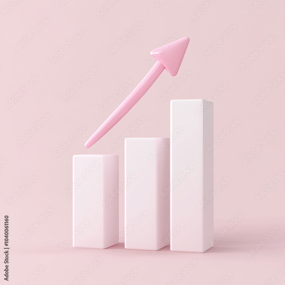 A pink pink arrow pointing upwards with bar charts below it. Concept of ...