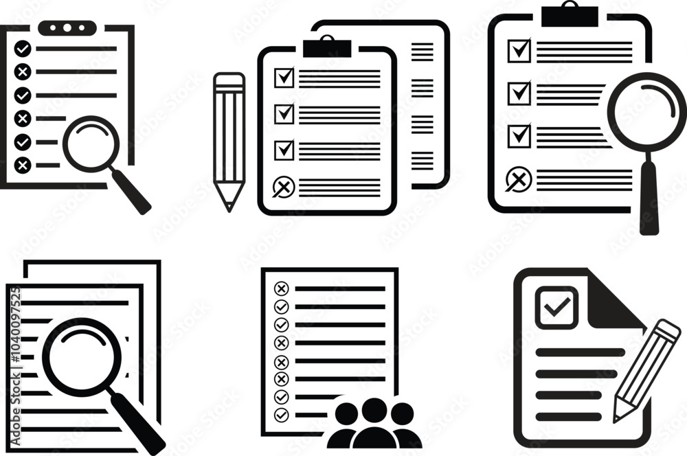 Evaluation icon set. Assessment icon collection. Checklist symbol ...