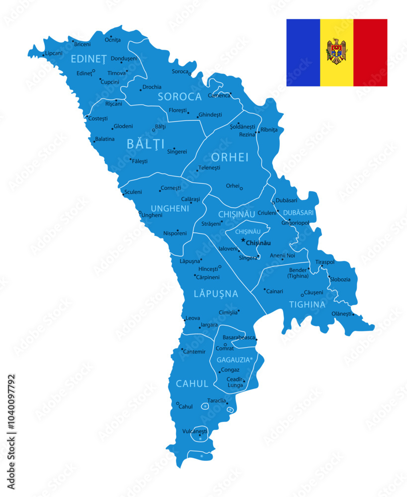 Moldova - Detailed Blue Country Map with Cities and Regions. National Flag. Vector Illustration ...