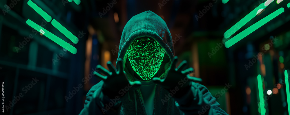 Anonymous hacker with a glowing digital face made of binary code, reaching out with hands in a ...