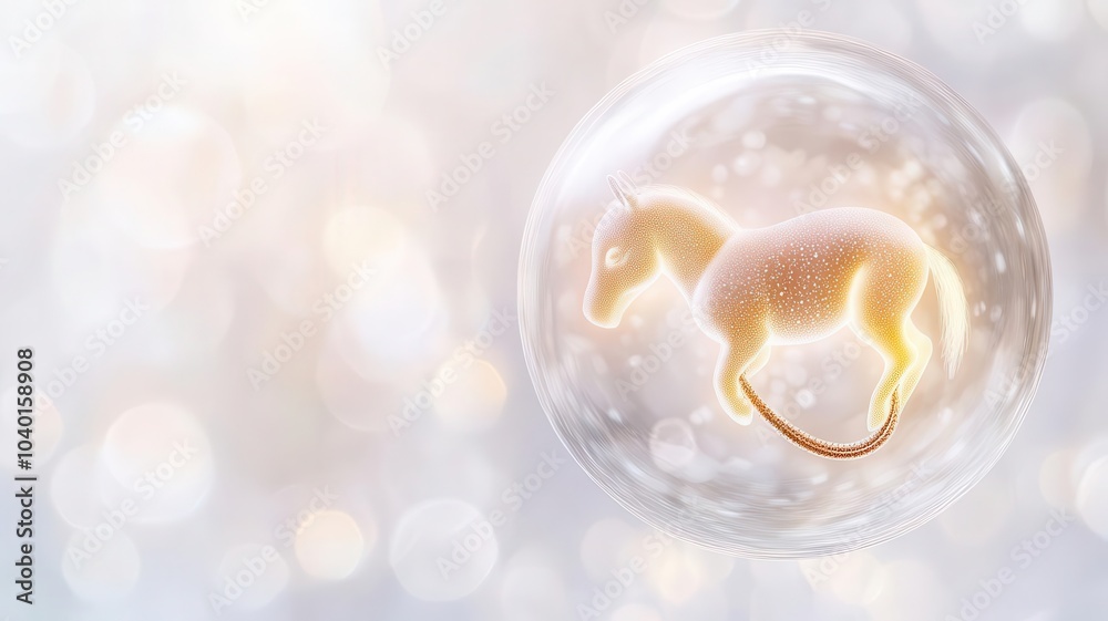 Horse embryo in early stages, floating in fluid with umbilical cord ...