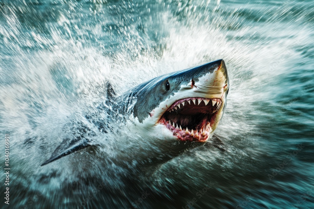 Shark breaching the water with a violent splash, teeth bared, motion ...