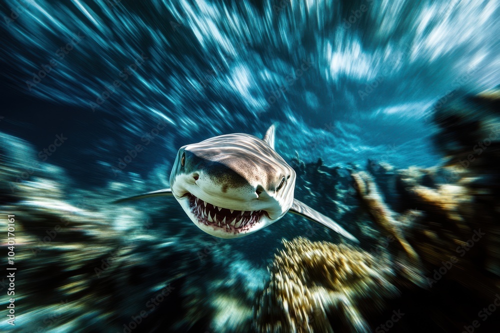 Shark surging through coral reefs, teeth bared in the depths of the ...