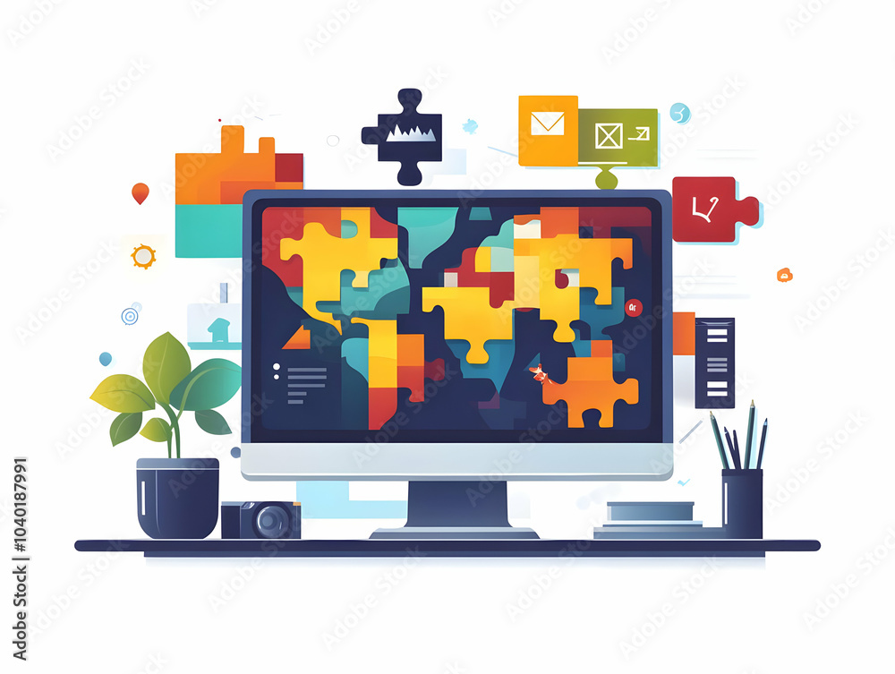 Flat Desktop Monitor with Holographic Puzzle Pieces, Globe Icon ...