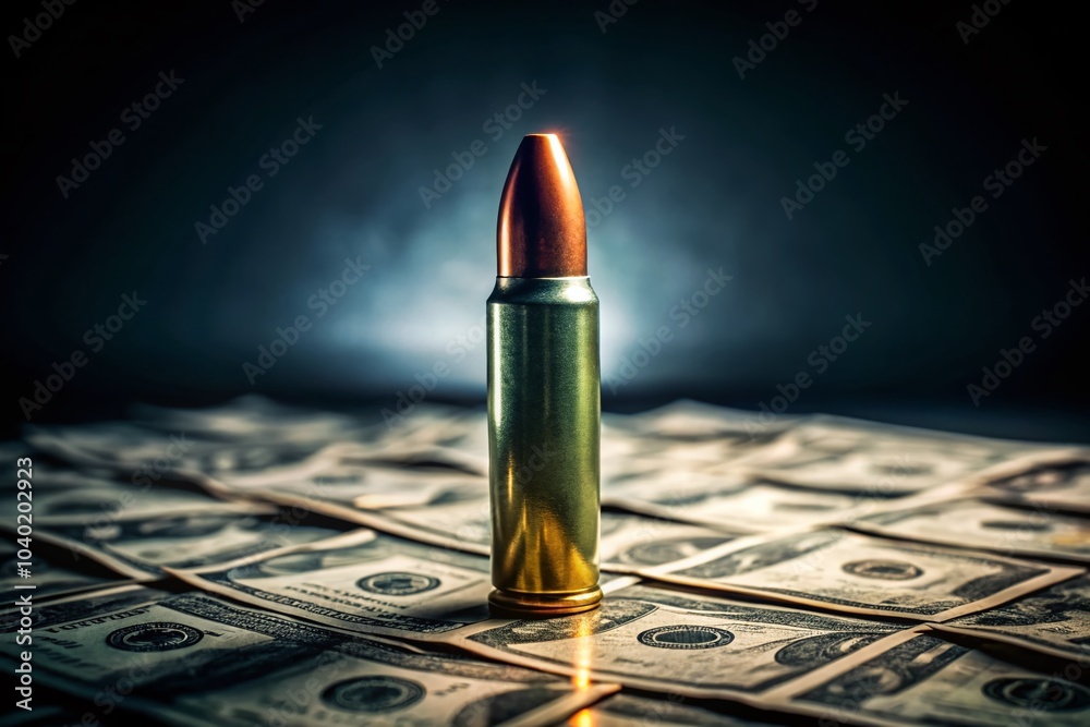 Realistic Silhouette of Gun Bullet and Stacked USD Money for Financial ...