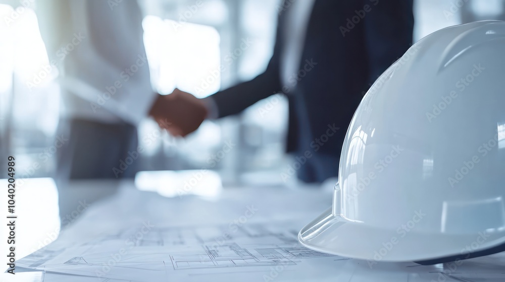 Business handshake at construction with safety helmet and blueprints in ...