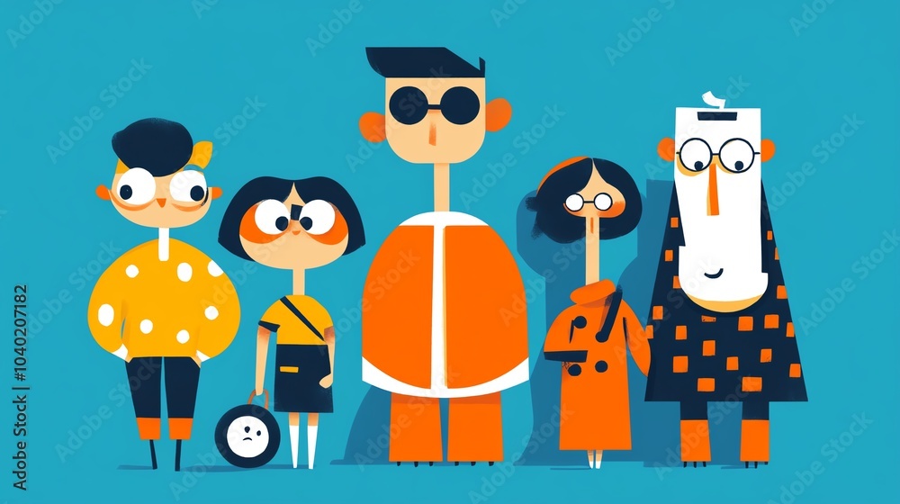 Colorful cartoon characters standing together, vibrant background ...