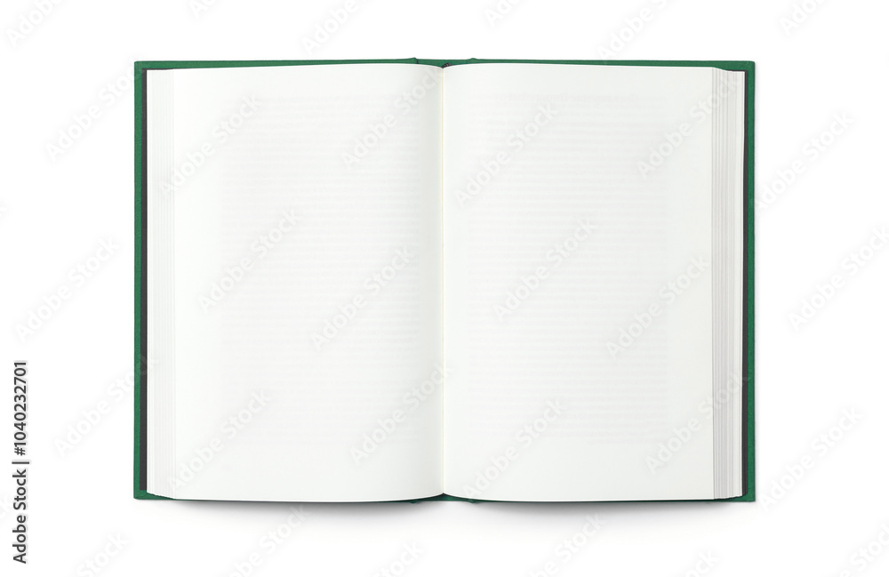 Blank open book isolated, top front view. Green hardcover with black ...