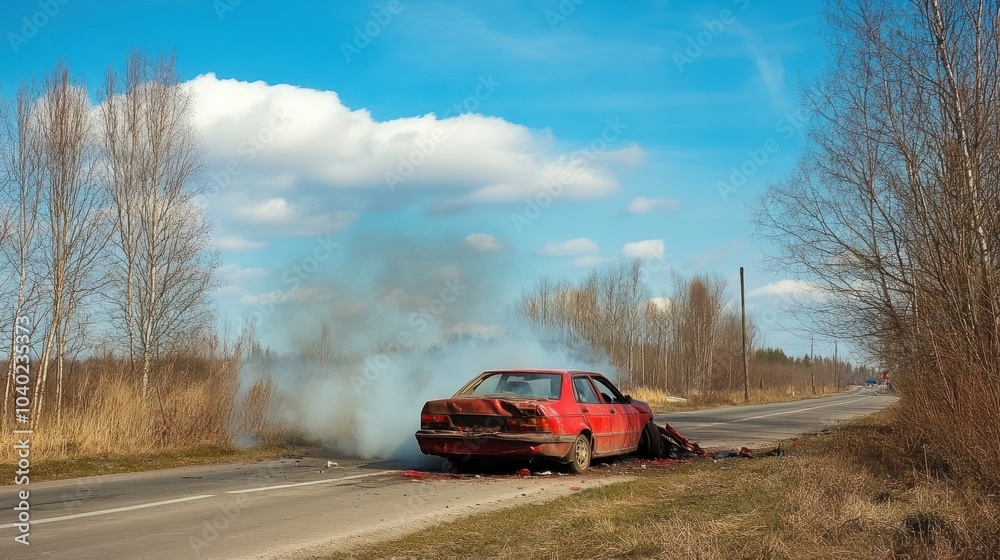 Smoke rising from crashed red car on scenic countryside Stock Photo ...