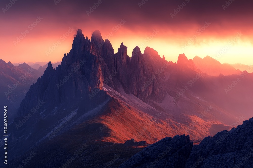 Towering mountain ridges bathed in the soft glow of a fading sunset ...
