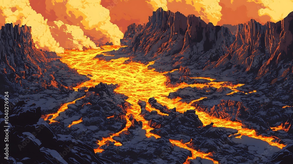 Pixel art battlemap showing a volcanic landscape with lava streams and ...