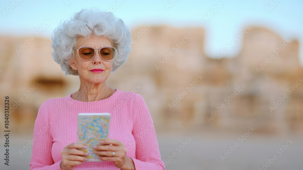 Elderly woman at a vibrant tourist spot, holding a map and smartphone ...