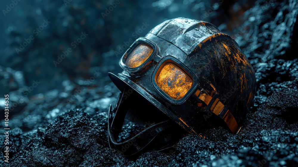 mining helmet rests on pile of coal, showcasing its worn texture and ...